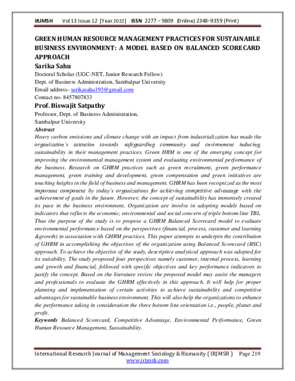 (PDF) GREEN HUMAN RESOURCE MANAGEMENT PRACTICES FOR SUSTAINABLE BUSINESS ENVIRONMENT: A MODEL ...