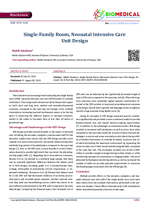 (PDF) Single-Family Room, Neonatal Intensive Care Unit Design