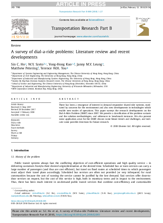 (PDF) A survey of dial-a-ride problems: Literature review and recent developments | Wai Yuen ...