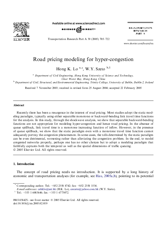 (PDF) Road pricing modeling for hyper-congestion