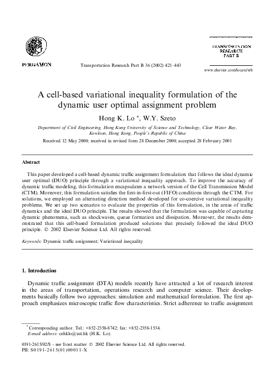 Pdf A Cell Based Variational Inequality Formulation Of The Dynamic User Optimal Assignment Problem