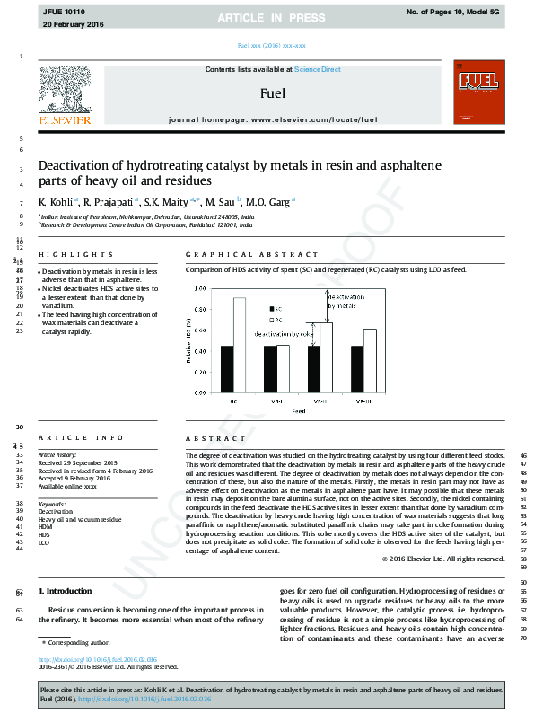 (PDF) Deactivation of hydrotreating catalyst by metals in resin and ...