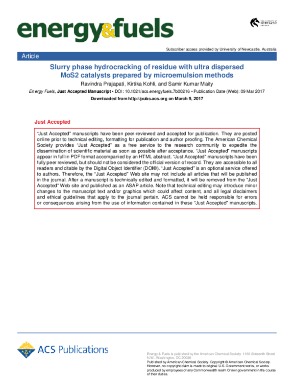 (PDF) Slurry-Phase Hydrocracking of Residue with Ultradispersed MoS2 ...