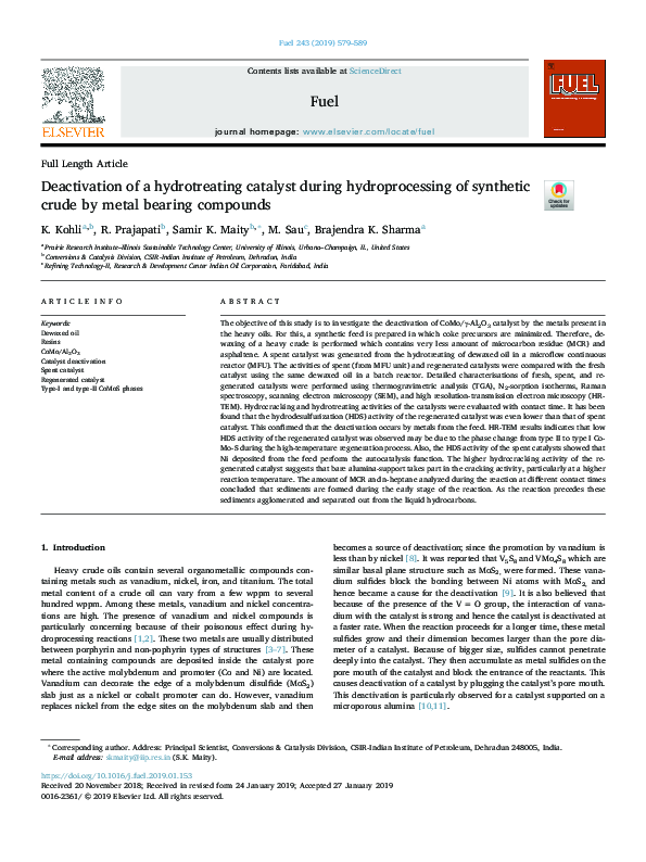 (PDF) Deactivation of a hydrotreating catalyst during hydroprocessing ...