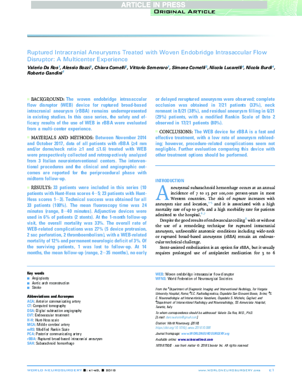 (PDF) Ruptured Intracranial Aneurysms Treated with Woven Endobridge ...