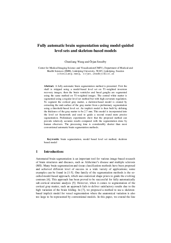 Pdf Fully Automatic Brain Segmentation Using Model Guided Level Sets And Skeleton Based Models