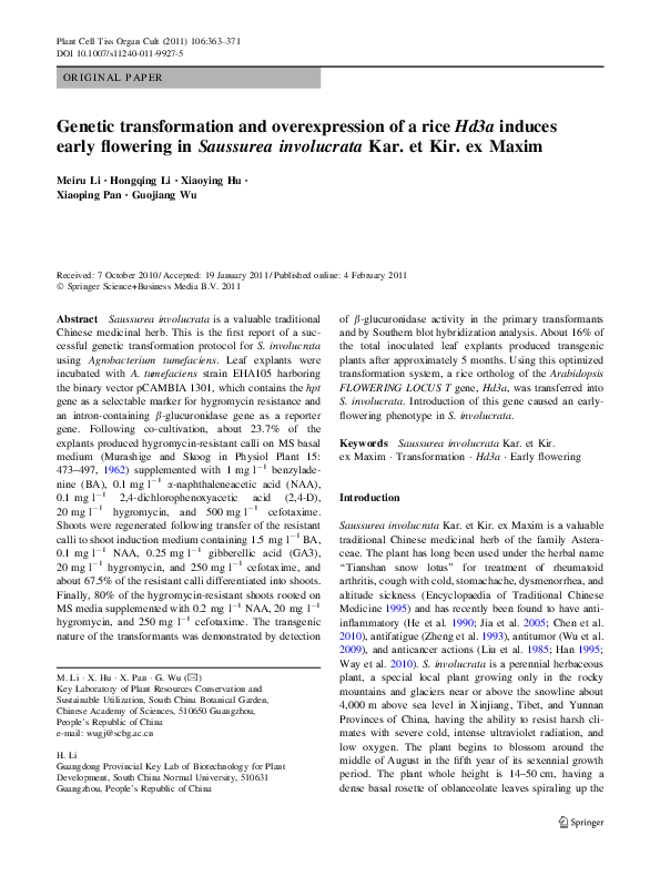 (PDF) Genetic transformation and overexpression of a rice Hd3a induces ...