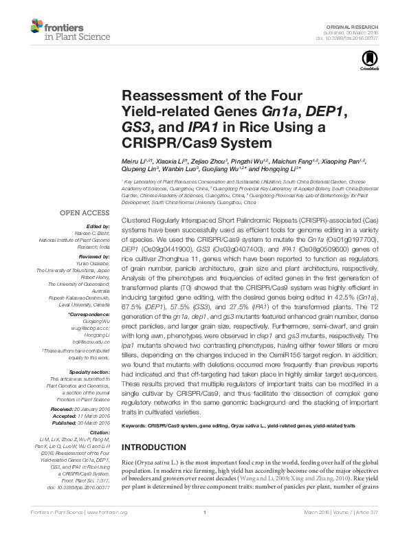 (PDF) Reassessment of the Four Yield-related Genes Gn1a, DEP1, GS3, and ...
