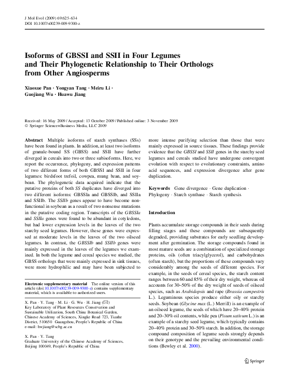 (PDF) Isoforms of GBSSI and SSII in Four Legumes and Their Phylogenetic ...