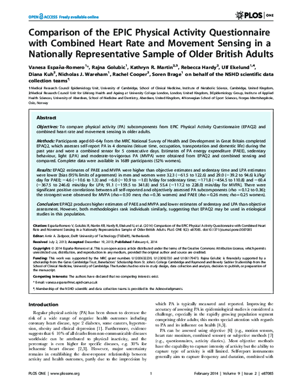 (PDF) Comparison of the Epic Physical Activity Questionnaire with ...