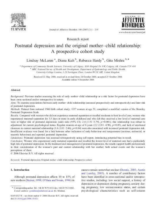 (PDF) Early Maternal Relationships and Postnatal Depression