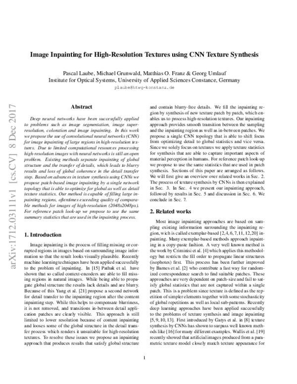 (PDF) Image Inpainting for High-Resolution Textures using CNN Texture ...