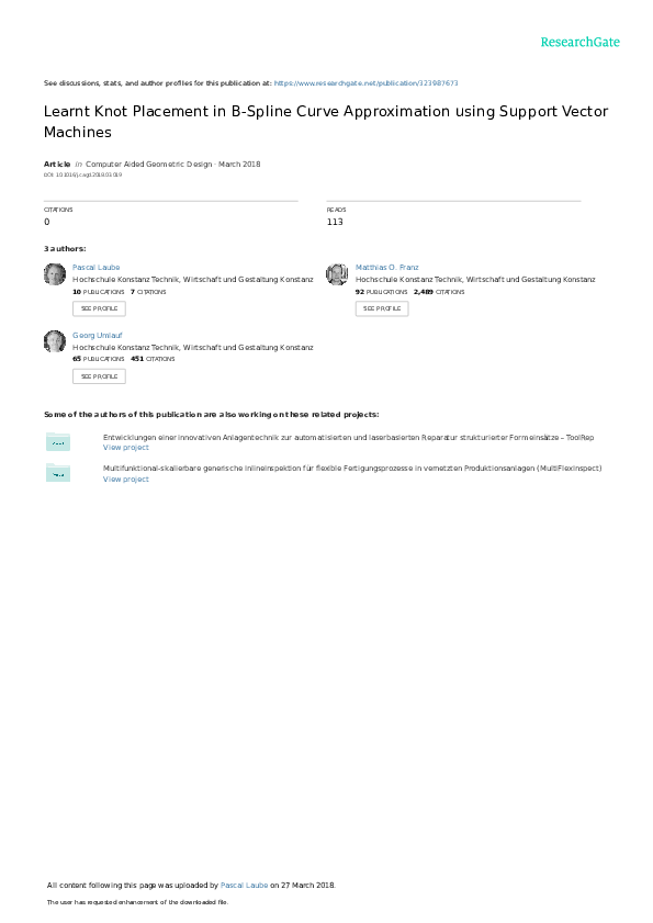 Pdf Learnt Knot Placement In B Spline Curve Approximation Using Support Vector Machines