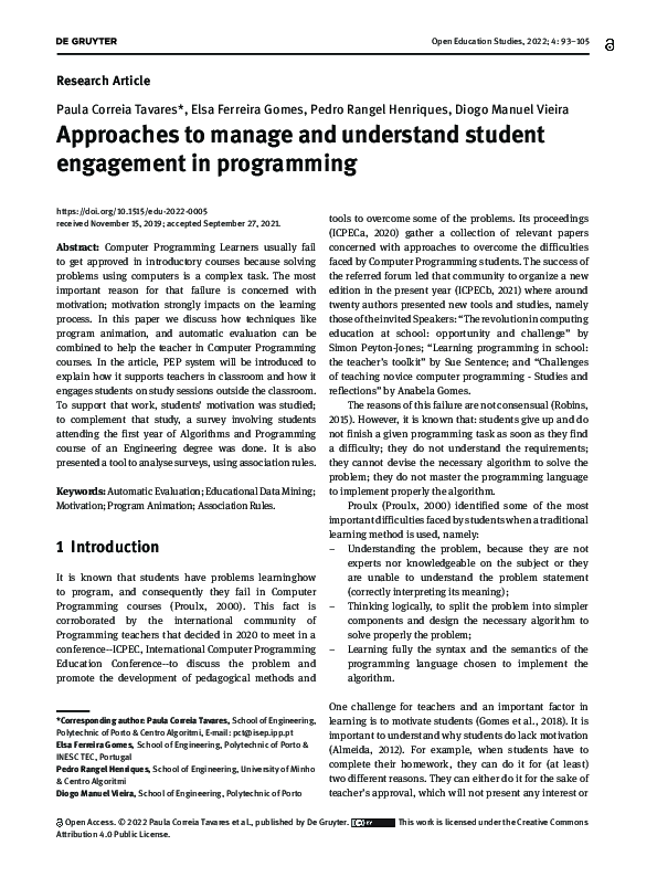 (PDF) Approaches to manage and understand student engagement in programming
