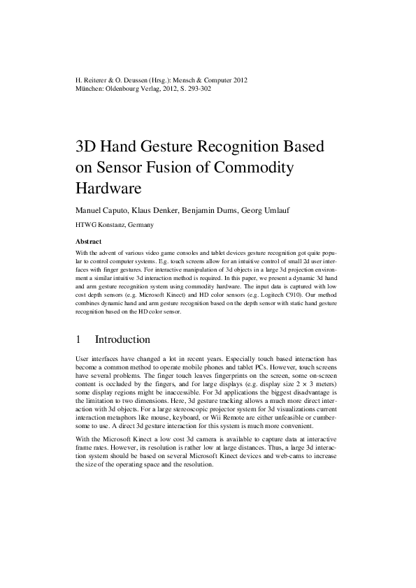 (PDF) 3D Hand Gesture Recognition Based on Sensor Fusion of Commodity Hardware