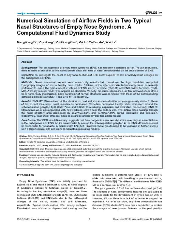 (PDF) Numerical simulation of airflow fields in two typical nasal structures of empty nose ...