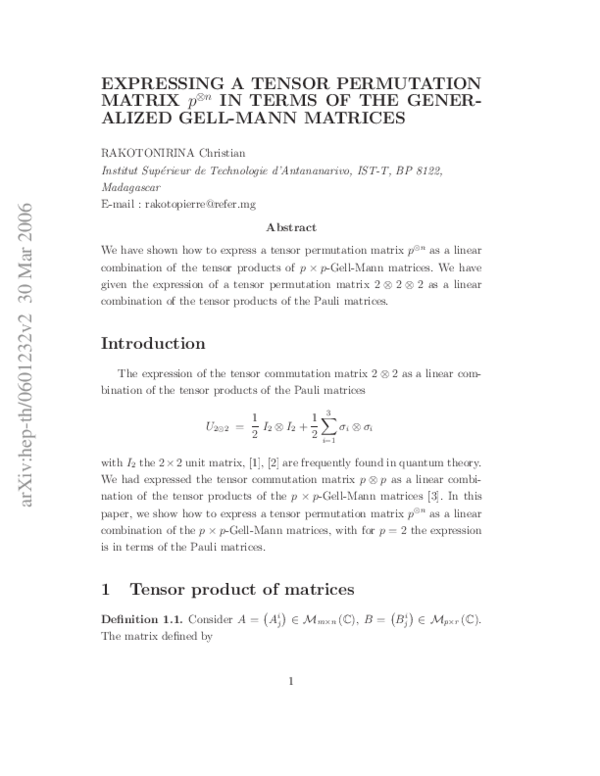 (PDF) Expressing a Tensor Permutation Matrix $p^{\otimes n}$ in Terms of the Generalized Gell ...
