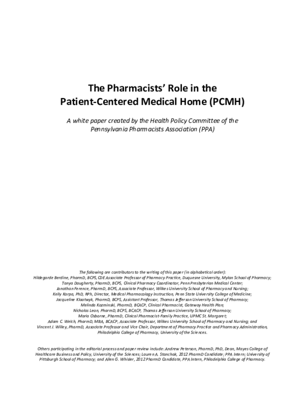 (PDF) The Pharmacists’ Role in the Patient-Centered Medical Home (PCMH ...