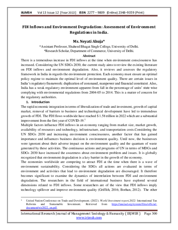 (PDF) FDI Inflows and Environment Degradation: Assessment of ...