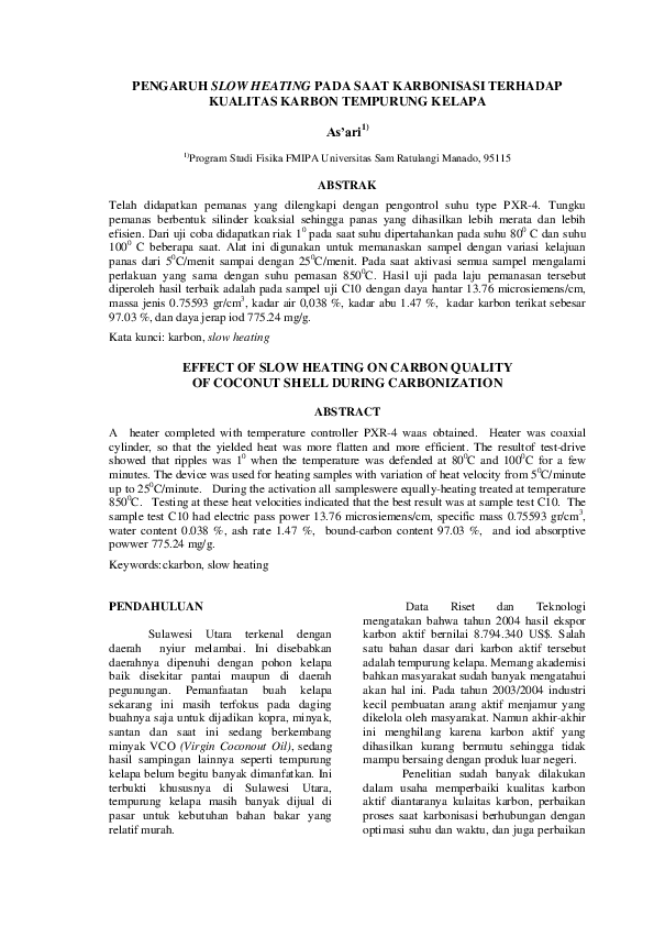 (PDF) Pengaruh Slow Heating Pada Saat Karbonisasi Terhadap Kualitas Karbon Tempurung Kelapa