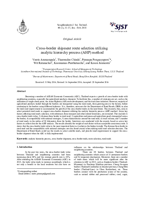 (PDF) Cross-border shipment route selection utilizinganalytic hierarchy process (AHP) method