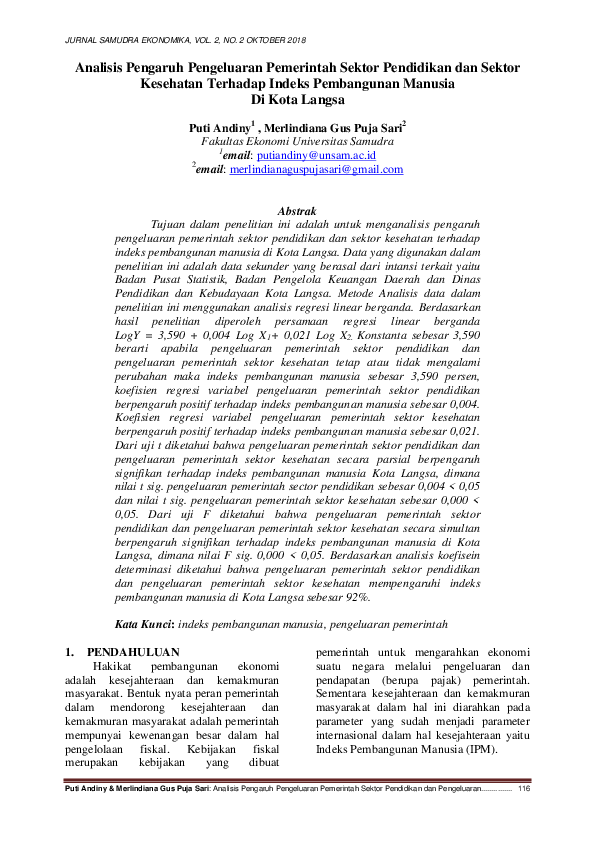 (PDF) Analisis Pengaruh Pengeluaran Pemerintah Sektor Pendidikan dan Sektor Kesehatan Terhadap ...