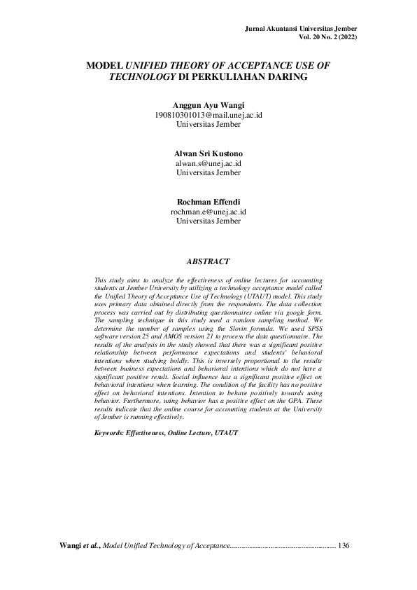 (PDF) Model Unified Theory of Acceptance Use of Technology DI Perkuliahan Daring