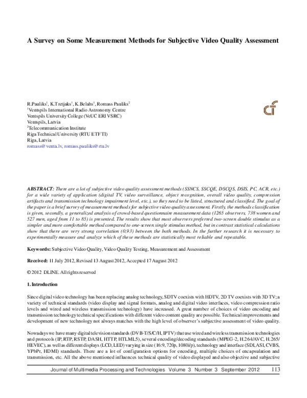(PDF) A survey on some measurement methods for subjective video quality ...