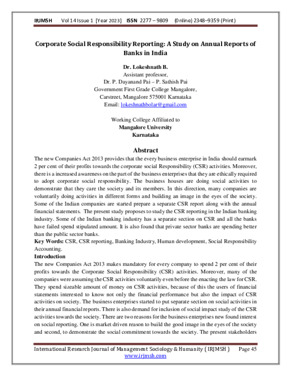 (PDF) Corporate Social Responsibility Reporting: A Study on Annual Reports of Banks in India