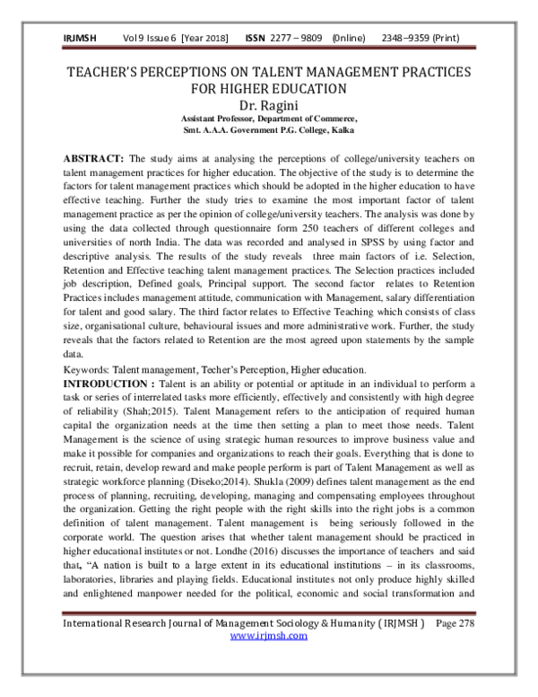 (PDF) TEACHER'S PERCEPTIONS ON TALENT MANAGEMENT PRACTICES FOR HIGHER EDUCATION