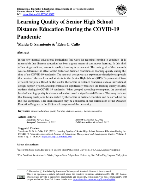 (PDF) Learning Quality of Senior High School Distance Education During ...