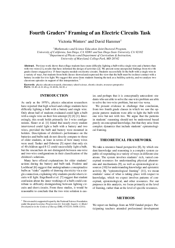 (PDF) Fourth Graders’ Framing of an Electric Circuits Task