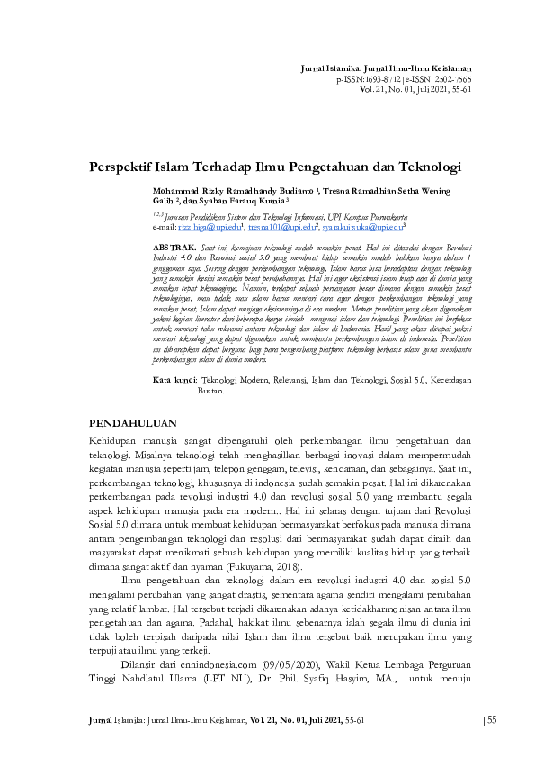 (PDF) Perspektif Islam Terhadap Ilmu Pengetahuan dan Teknologi