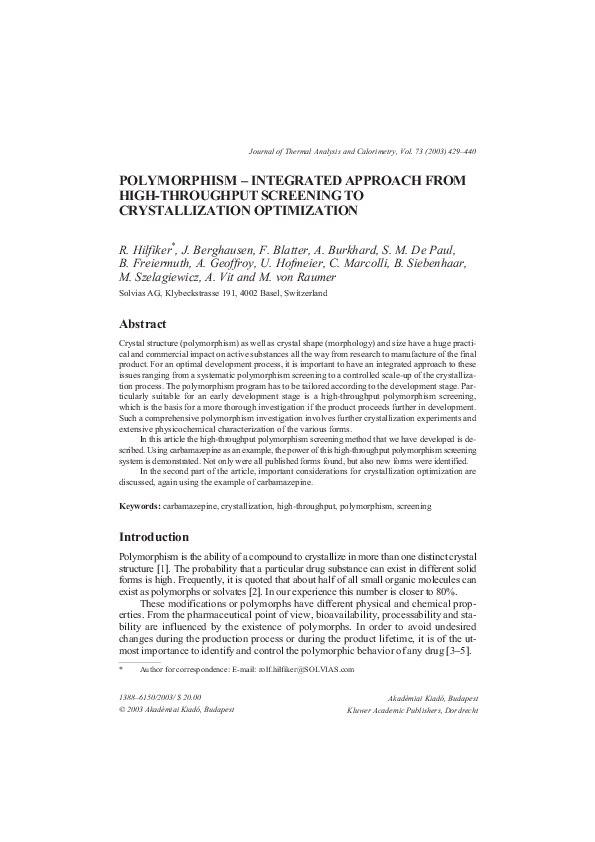 (PDF) Polymorphism - integrated approach from high-throughput screening to crystallization ...