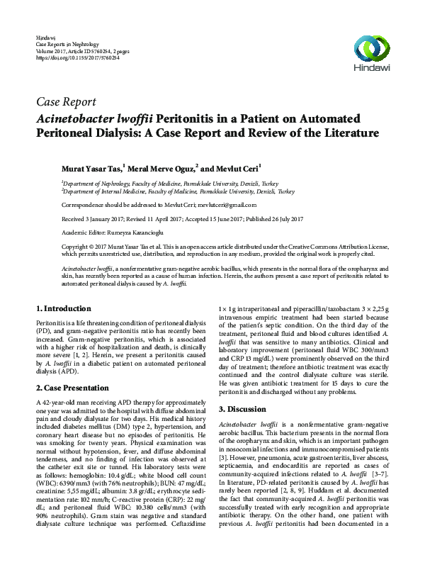 (PDF) Acinetobacter lwoffii Peritonitis in a Patient on Automated ...