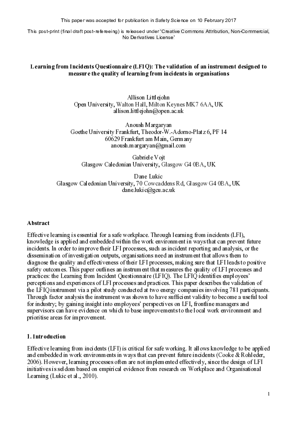 (PDF) Learning from Incidents Questionnaire (LFIQ): The validation of ...