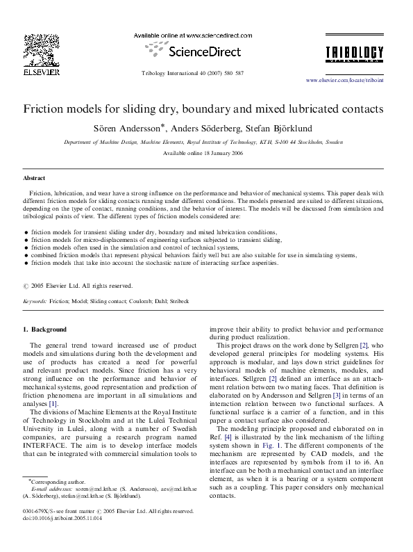 (PDF) Friction models for sliding dry, boundary and mixed lubricated contacts
