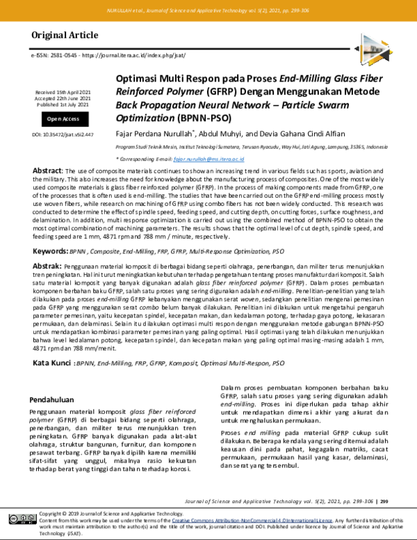 (PDF) Optimasi Multi Respon pada Proses End-Milling Glass Fiber Reinforced Polymer (GFRP) Dengan ...