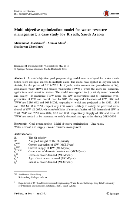(PDF) Multi-objective optimization model for water resource management: a case study for Riyadh ...