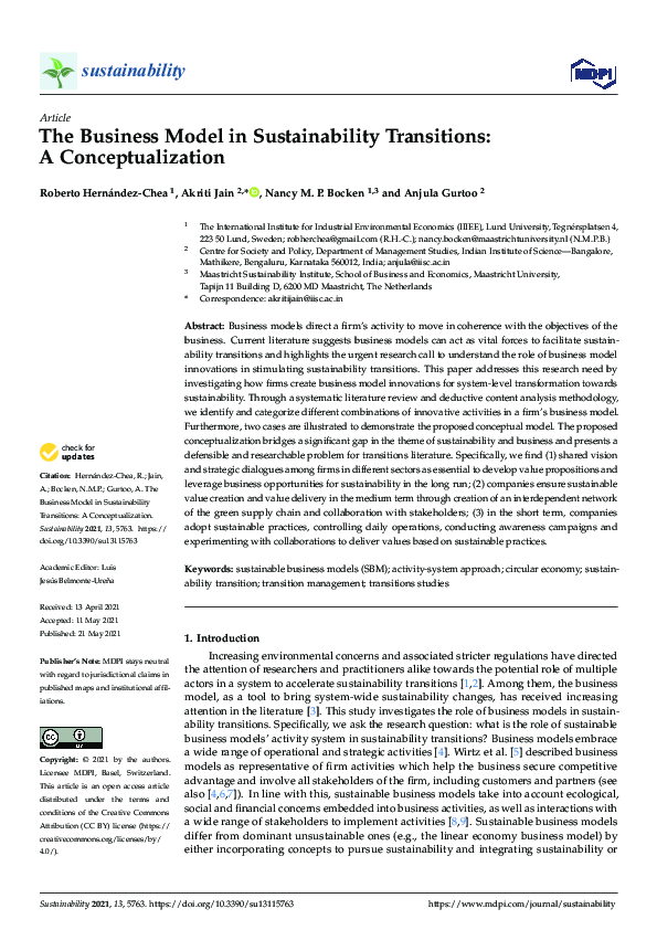 (PDF) The Business Model in Sustainability Transitions: A Conceptualization