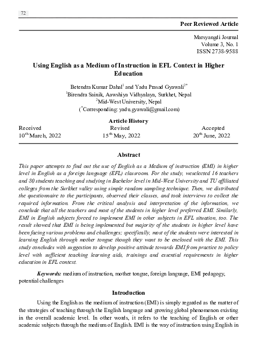 Pdf Using English As A Medium Of Instruction In Efl Context In Higher