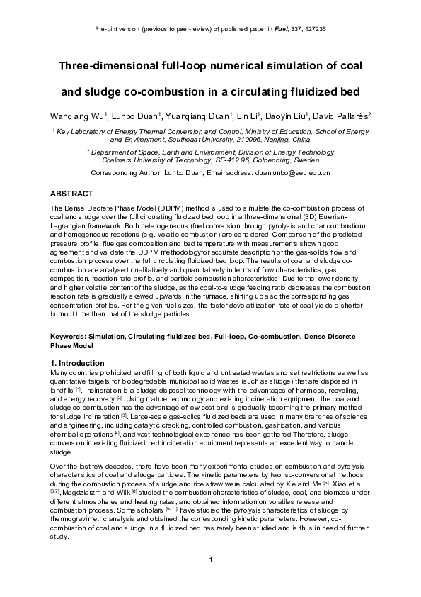 (PDF) Three-dimensional full-loop numerical simulation of coal and sludge co-combustion in a ...