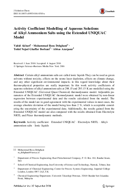 (PDF) Activity Coefficient Modelling of Aqueous Solutions of Alkyl Ammonium Salts using the ...