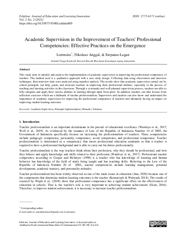 (PDF) Academic Supervision in the Improvement of Teachers' Professional Competencies: Effective ...
