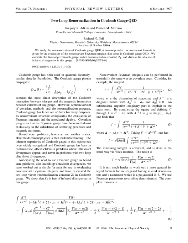 (PDF) Two-Loop Renormalization in Coulomb Gauge QED