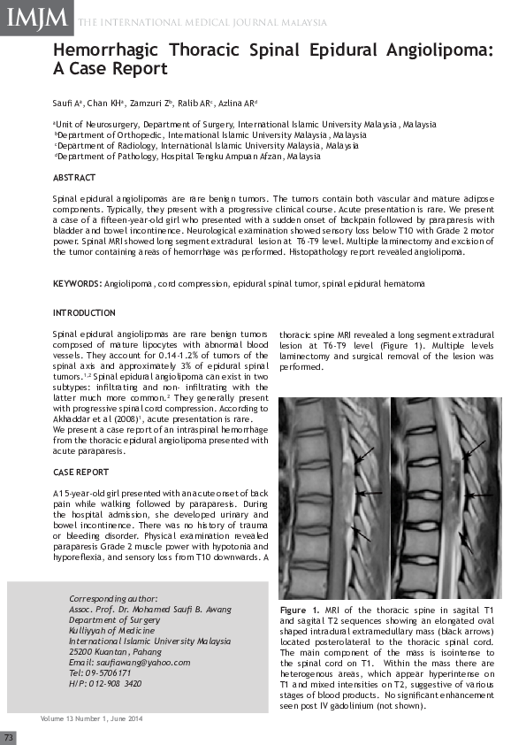 (PDF) Hemorrhagic Thoracic Spinal Epidural Angiolipoma: A Case Report