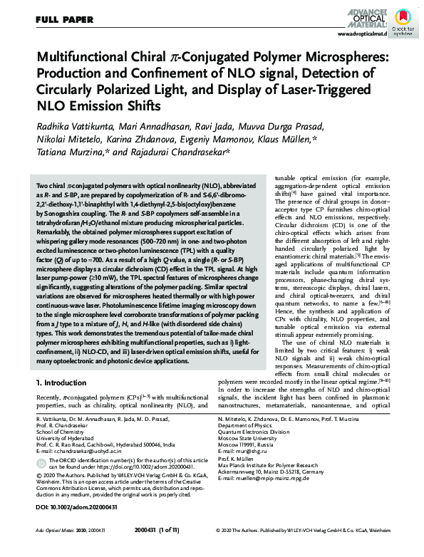 (PDF) Multifunctional Chiral π‐Conjugated Polymer Microspheres ...