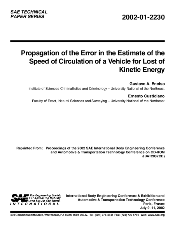 (PDF) Propagation of the Error in the Estimate of the Speed of ...