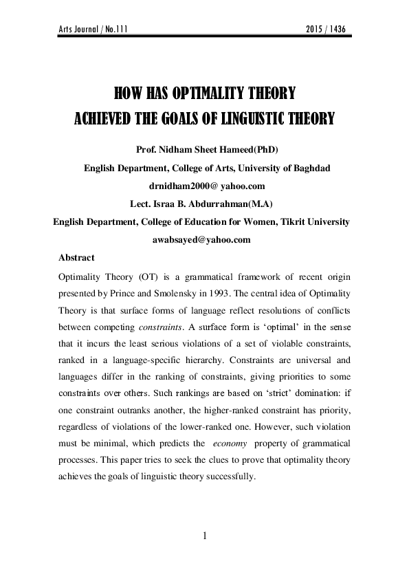Pdf How Has Optimality Theory Achieved The Goals Of Linguistic Theory