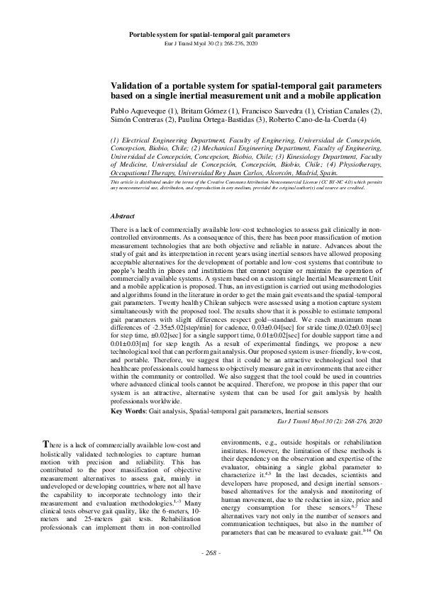 Pdf Validation Of A Portable System For Spatial Temporal Gait Parameters Based On A Single